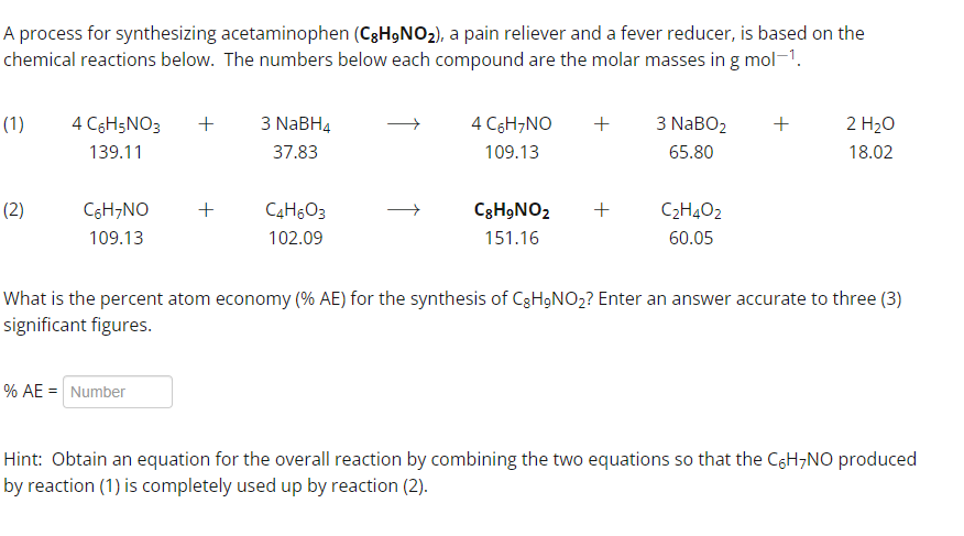Solved A process for synthesizing acetaminophen (C8H9NO2), a | Chegg.com