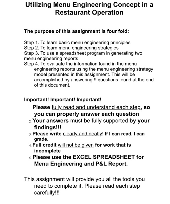 Solved Utilizing Menu Engineering Concept in a Restaurant | Chegg.com