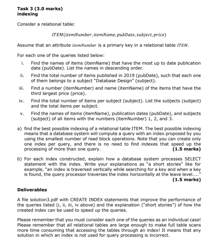 Solved Task 3 (3.0 marks) indexing Consider a relational | Chegg.com