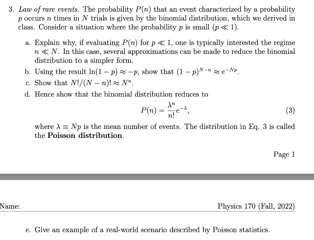 Solved Law of rare events. The probability P(n) that an | Chegg.com
