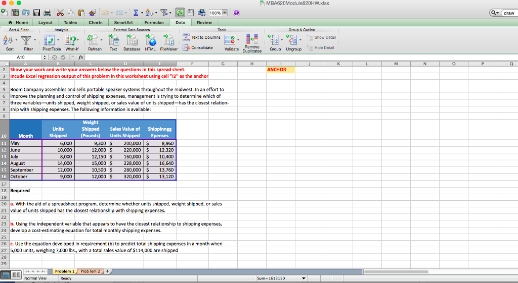 Solved MBA620Module620HW.xlsx draw 弁Home Layout Tables | Chegg.com