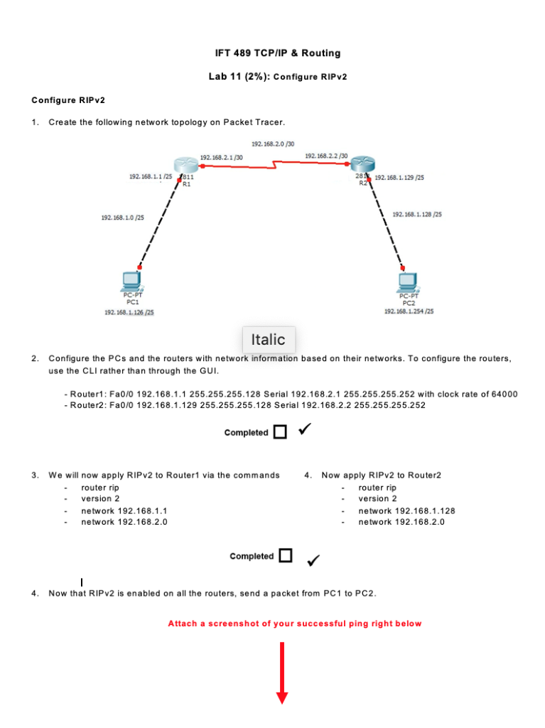 IFT 489 TCP/IP & Routing Lab 11 (2%): Configure RIPv2 | Chegg.com