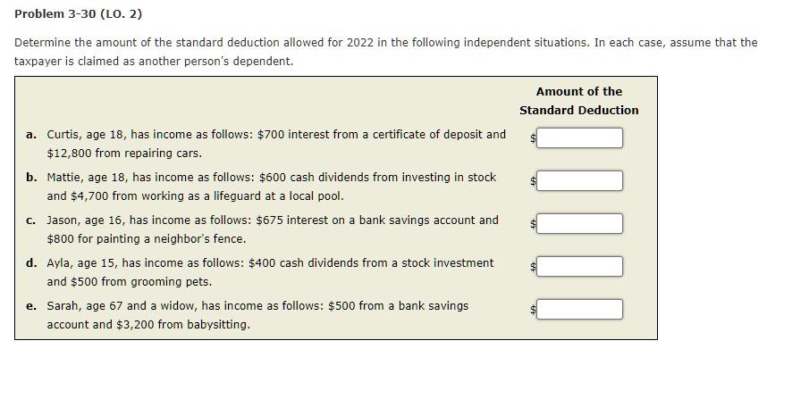 Solved Determine the amount of the standard deduction | Chegg.com