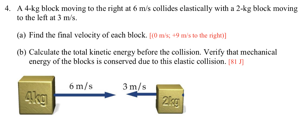 Solved 4. A 4-kg block moving to the right at 6 m/s collides | Chegg.com