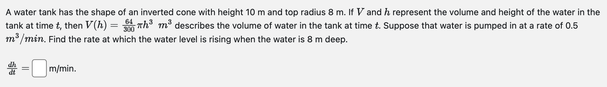 Solved A water tank has the shape of an inverted cone with | Chegg.com