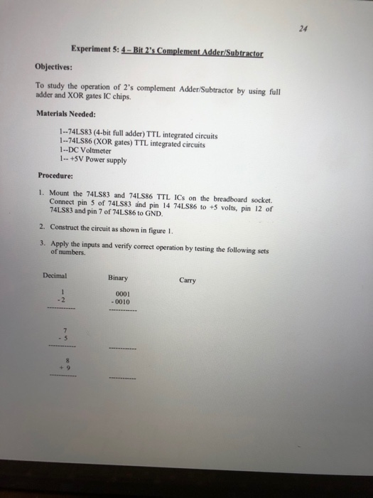 Solved 24 Experiment 5:4-Bit 2's Complement Adder/Subtractor | Chegg.com