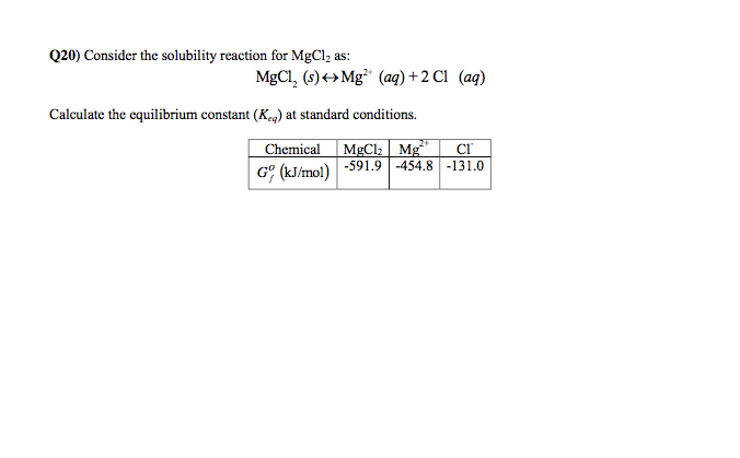 Solved Q20) Consider the solubility reaction for MgCl2 as: | Chegg.com