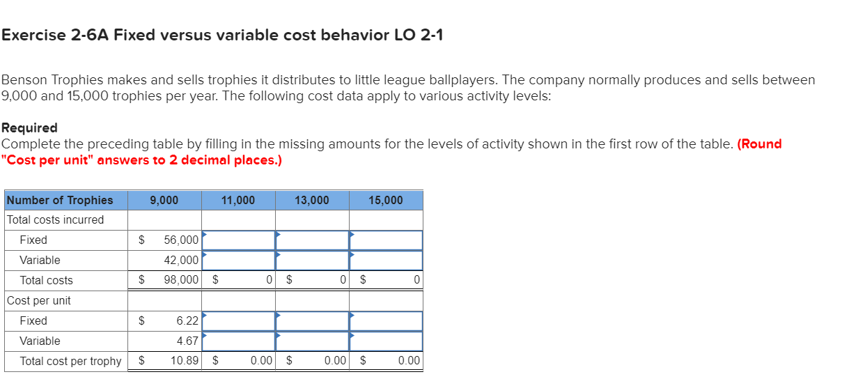 Solved Exercise 2-6A Fixed versus variable cost behavior LO | Chegg.com