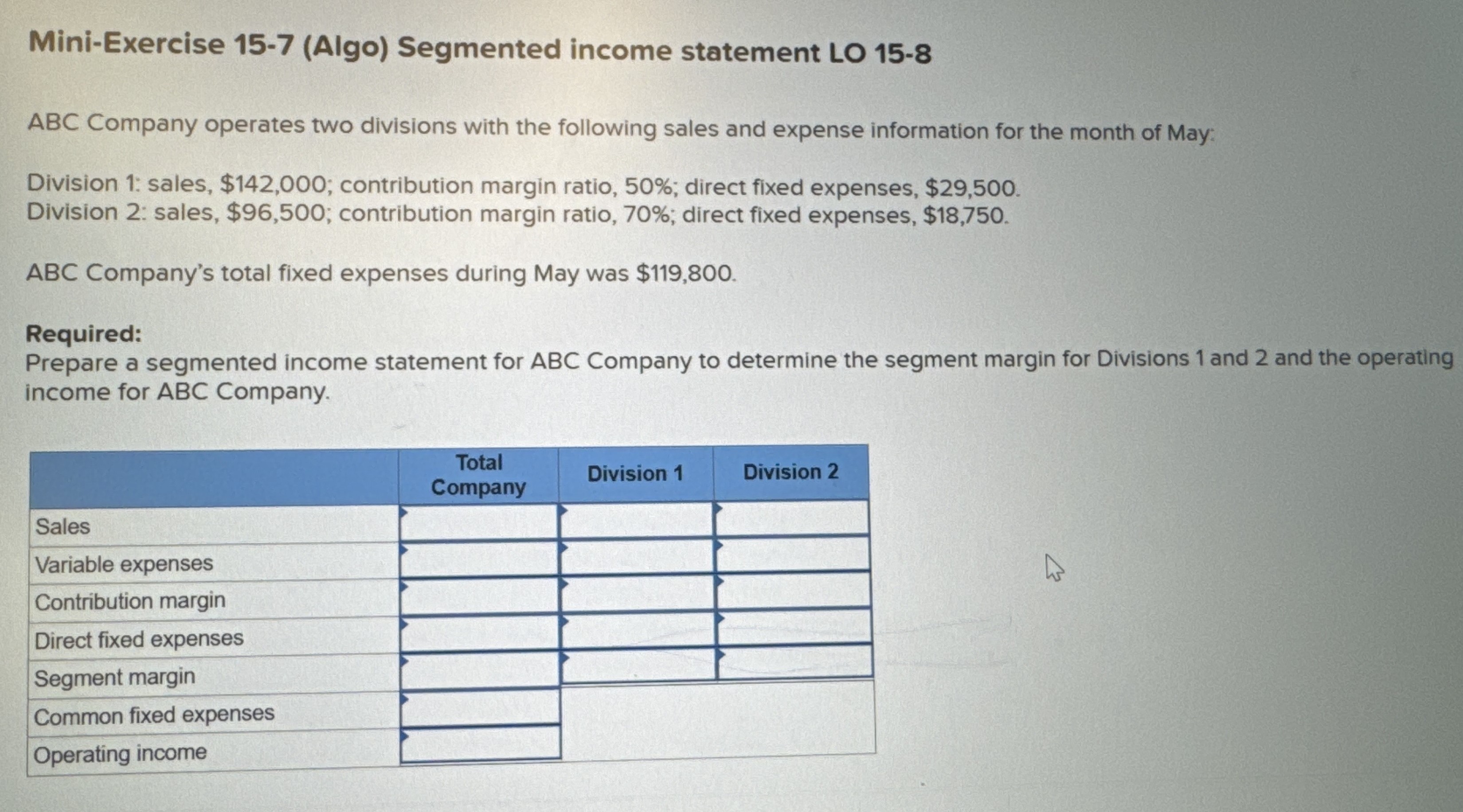 Solved Mini-Exercise 15-7 (Algo) ﻿Segmented income statement | Chegg.com