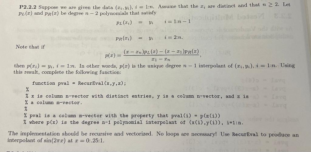 P2.2.2 Suppose we are given the data (xi,yi),i=1:n. | Chegg.com