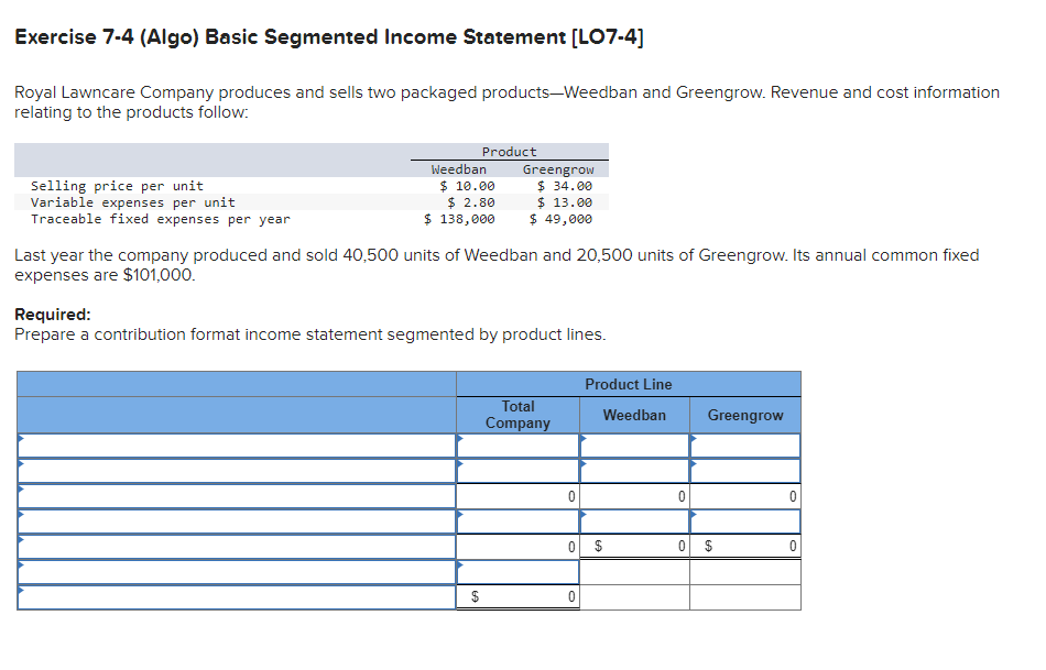 Solved Exercise 7-4 (Algo) Basic Segmented Income Statement | Chegg.com