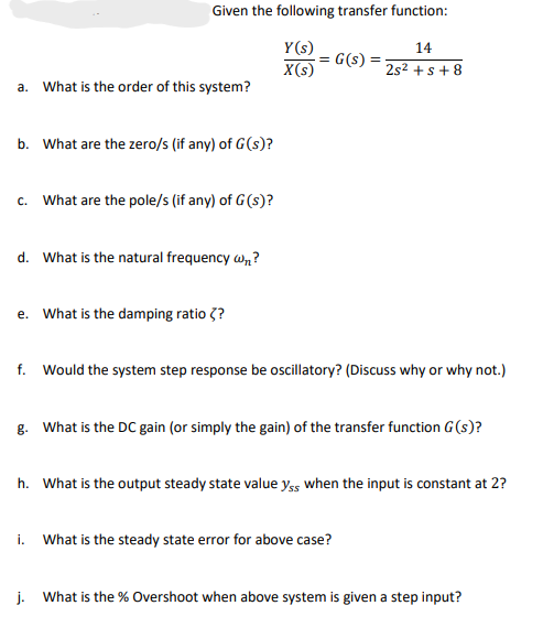 Solved Given the following transfer function: | Chegg.com