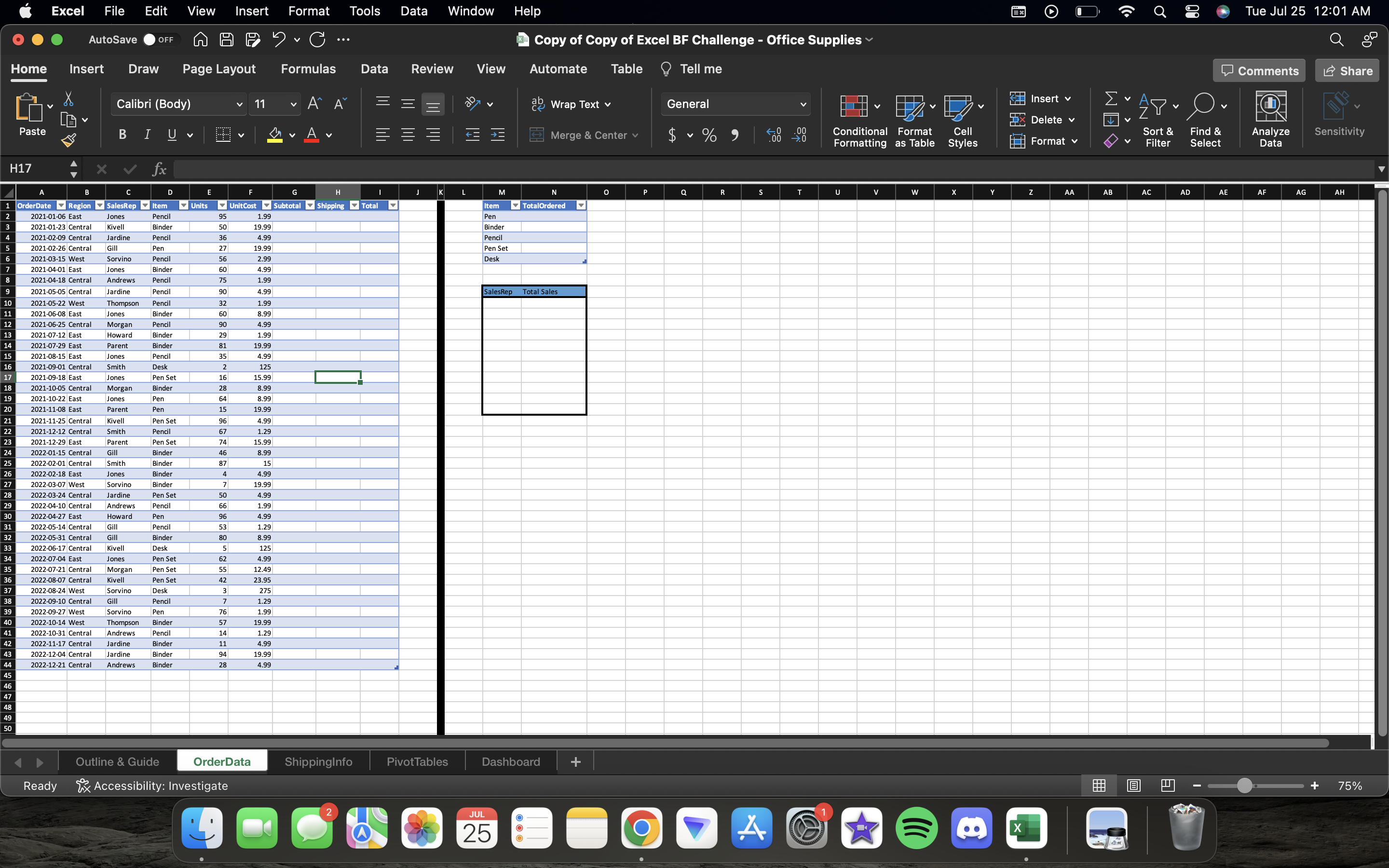 1. On the "OrderData" sheet, turn the data on the | Chegg.com