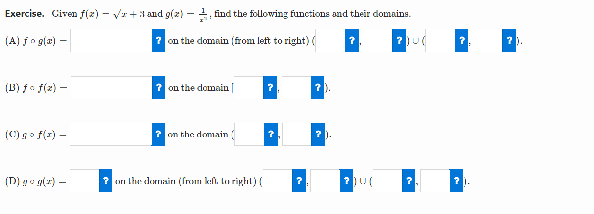 Solved Exercise. Given f(x)=x+3 and g(x)=x21, find the | Chegg.com