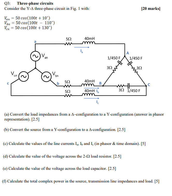 Solved [20 marks) Q3: Three-phase circuits Consider the Y-A | Chegg.com