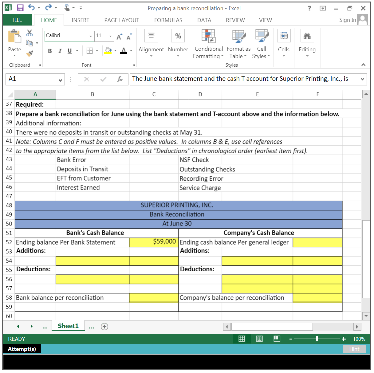 Solved Preparing a bank reconciliation - Excel ? X FILE HOME | Chegg.com