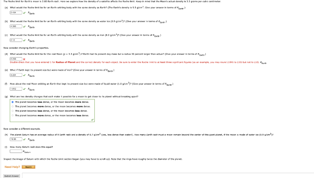 Solved The Roche limit for Earth's moon 2.85 Earth nadi. | Chegg.com
