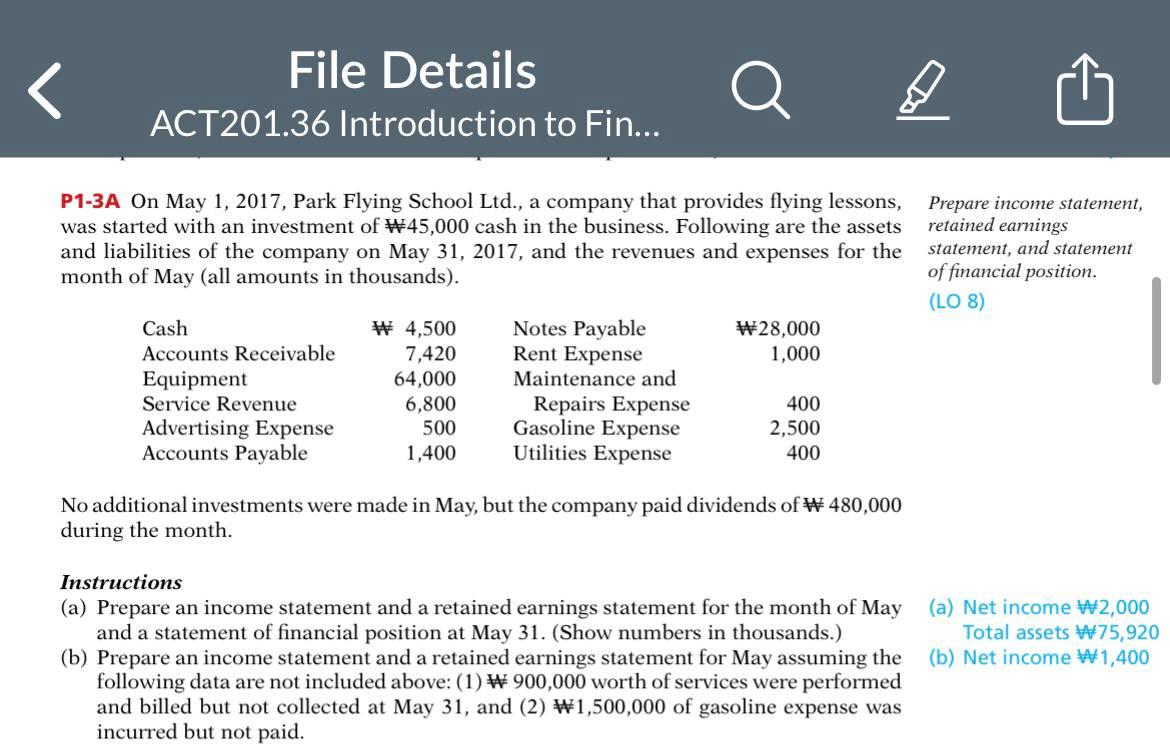 Solved P1-3A On May 1, 2017, Park Flying School Ltd., a | Chegg.com