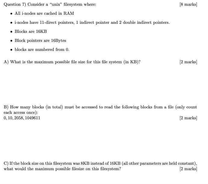 Solved 8 Marks Question 7 Consider A Unix Filesystem