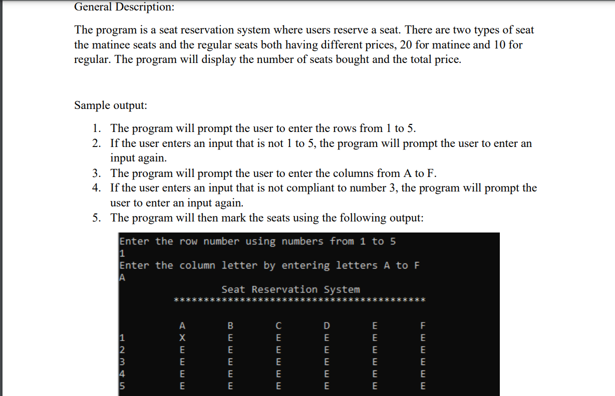 Solved The program is a seat reservation system where users | Chegg.com