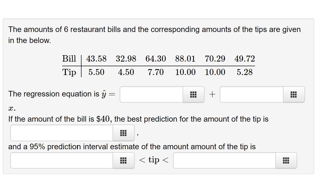 Solved The amounts of 6 restaurant bills and the | Chegg.com