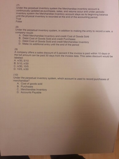 Solved Under the perpetual inventory system the Merchandise | Chegg.com