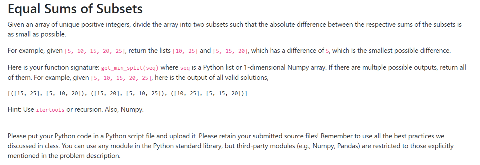 Equal Sums of Subsets Given an array of unique | Chegg.com