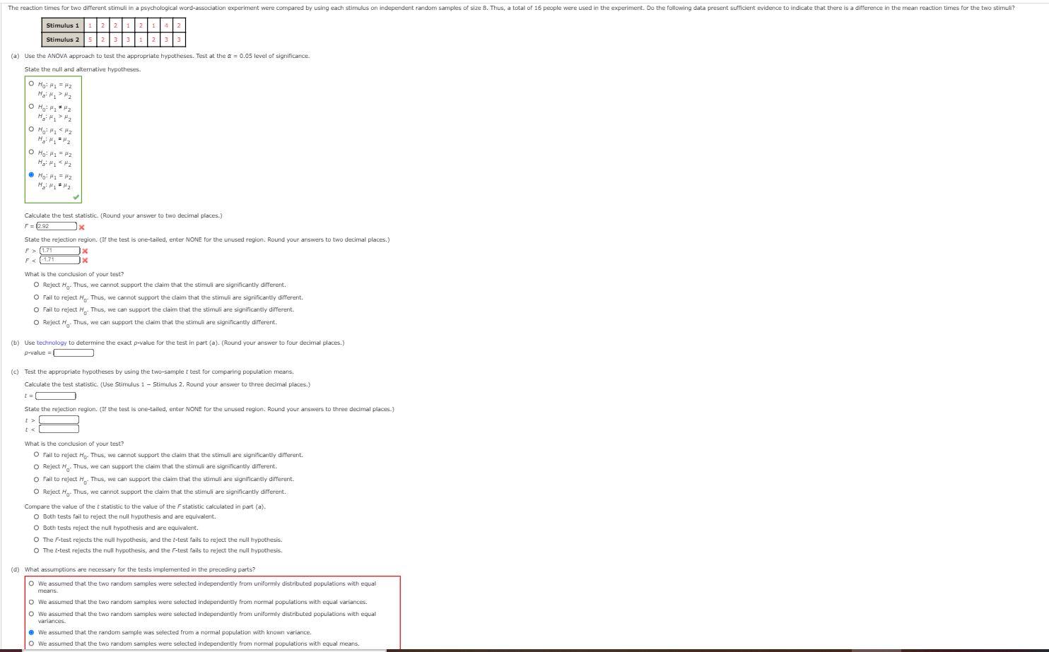 Solved The reaction times for two different stimuli in a | Chegg.com