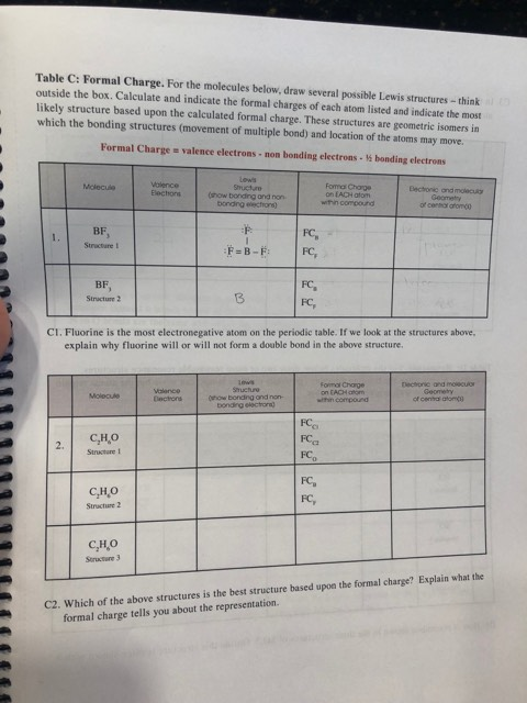 Solved Table C: Formal Charge. For the molecules below, draw | Chegg.com