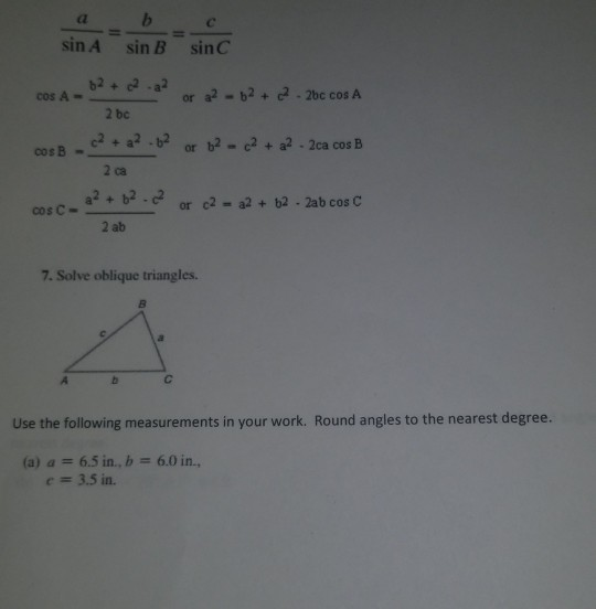Solved sin A sin B sinC b2+ a2 cos A-or -2bc cos A 2 bc + a | Chegg.com