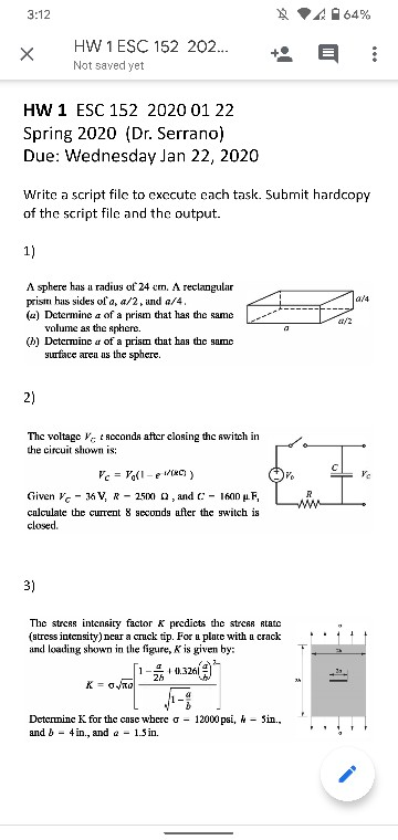 Solved 3:12 4 64% HW 1 ESC 152 202... Not saved yet + E : HW | Chegg.com