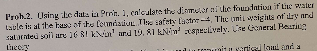 Solved Prob. 1. Design a circular foundation for a column | Chegg.com