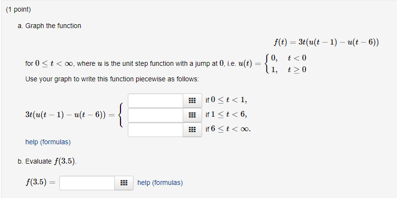 Solved (1 point) a. Graph the function f(t) = 3t(u(t - 1) – | Chegg.com