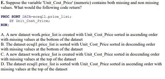 Solved E. Suppose the variable 'Unit Cost Price' (numeric) | Chegg.com