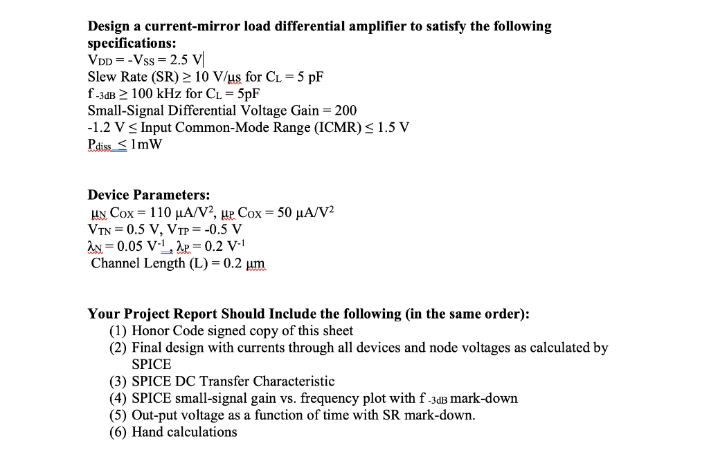 Design a current-mirror load differential amplifier | Chegg.com