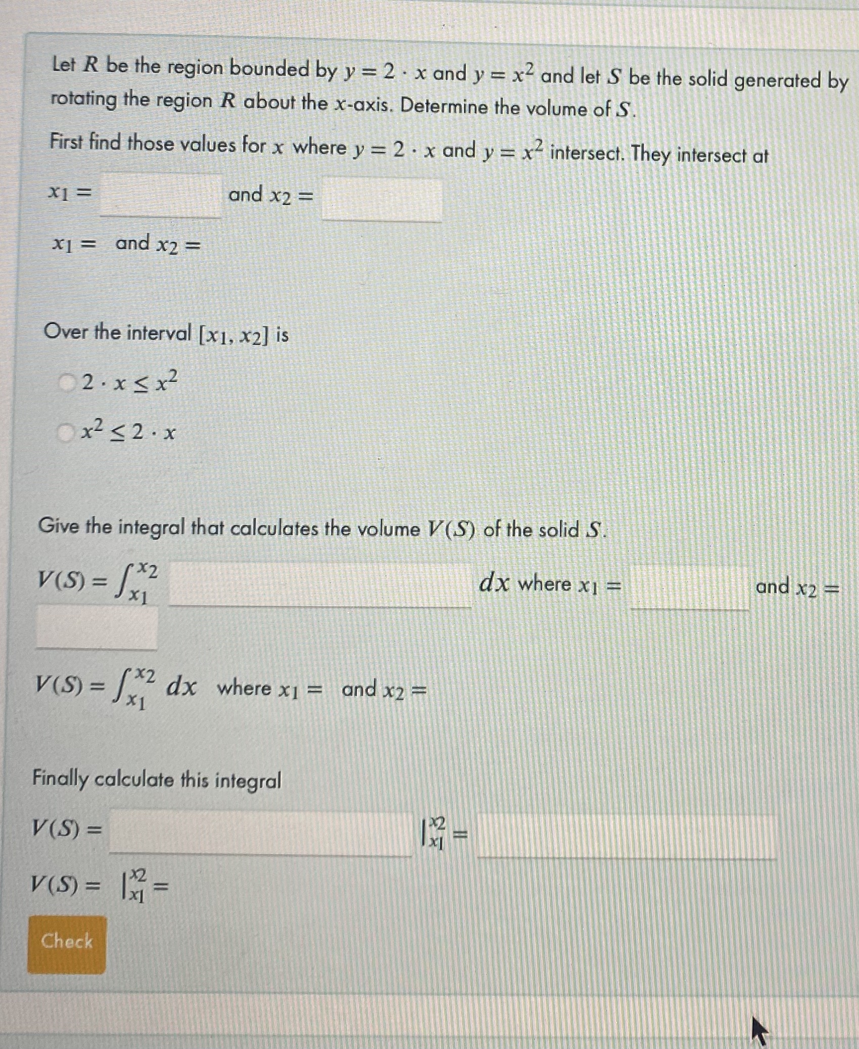 Solved Let R be the region bounded by y=2⋅x and y=x2 and let | Chegg.com