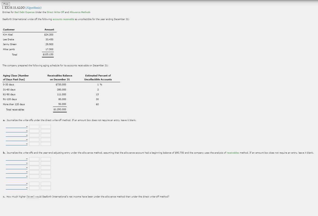 Solved Entries for Bad Debt Expense Under the Direct | Chegg.com