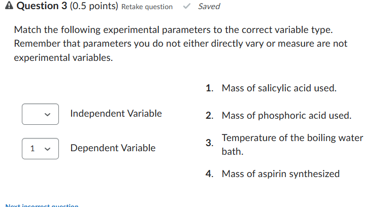 Match the following experimental parameters to the | Chegg.com