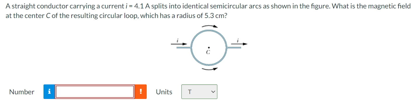 Solved A straight conductor carrying a current i=4.1A splits | Chegg.com