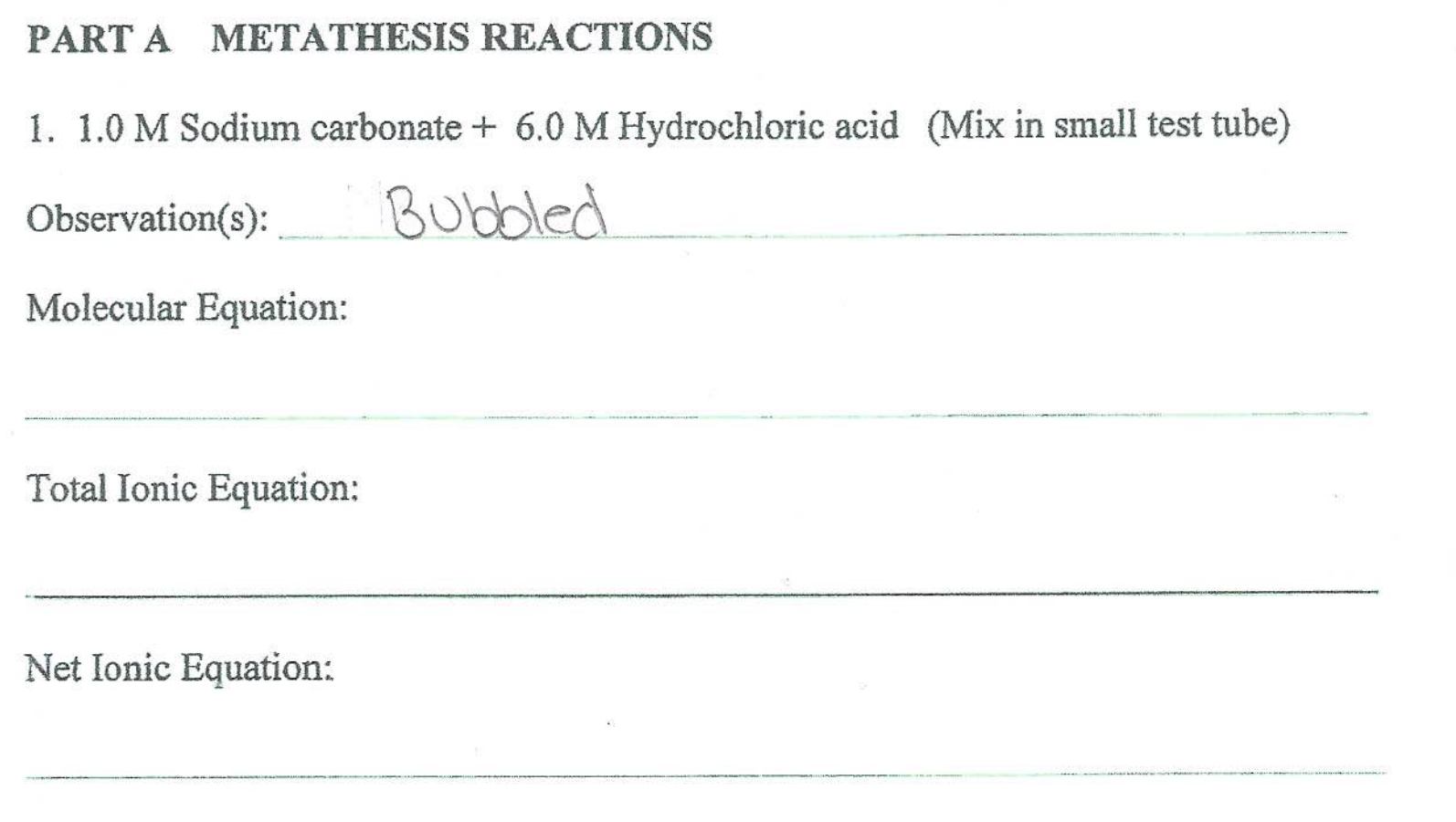 Solved PART A METATHESIS REACTIONS 1. 1.0 M Sodium carbonate | Chegg.com