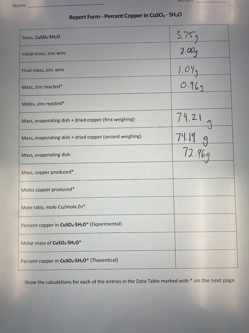 Solved Name: Report Form - Percent Copper in CuSO4⋅5H2O Show | Chegg.com