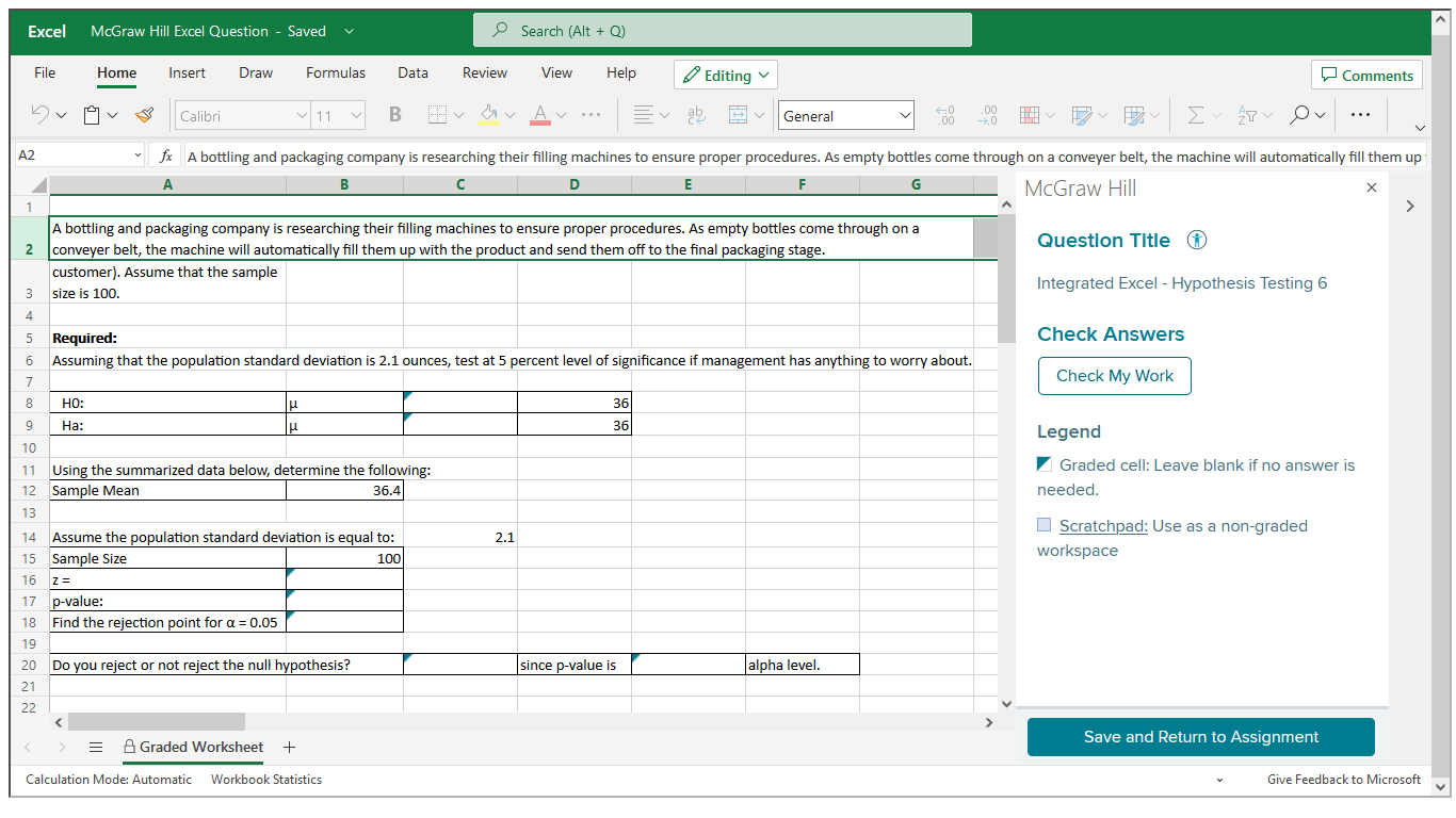 Solved Excel formulas please!! 2 TAILED TEST A bottling and | Chegg.com