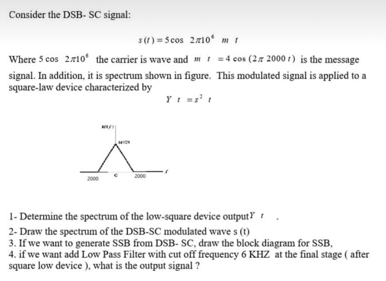Solved Consider the DSB-SC signal: s(t) = 5 cos 27106 mt | Chegg.com