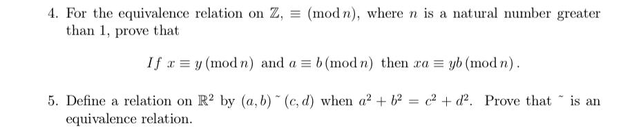 Solved 4. For the equivalence relation on Z, = (mod n), | Chegg.com