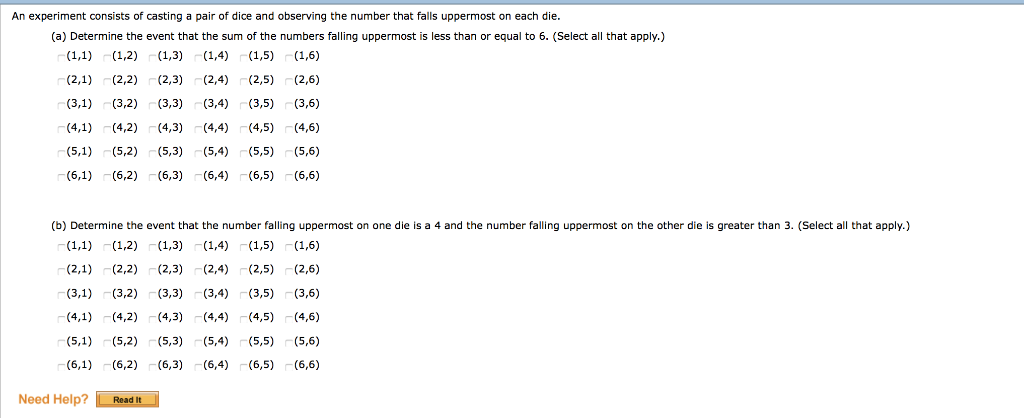 Solved An experiment consists of casting a pair of dice and | Chegg.com