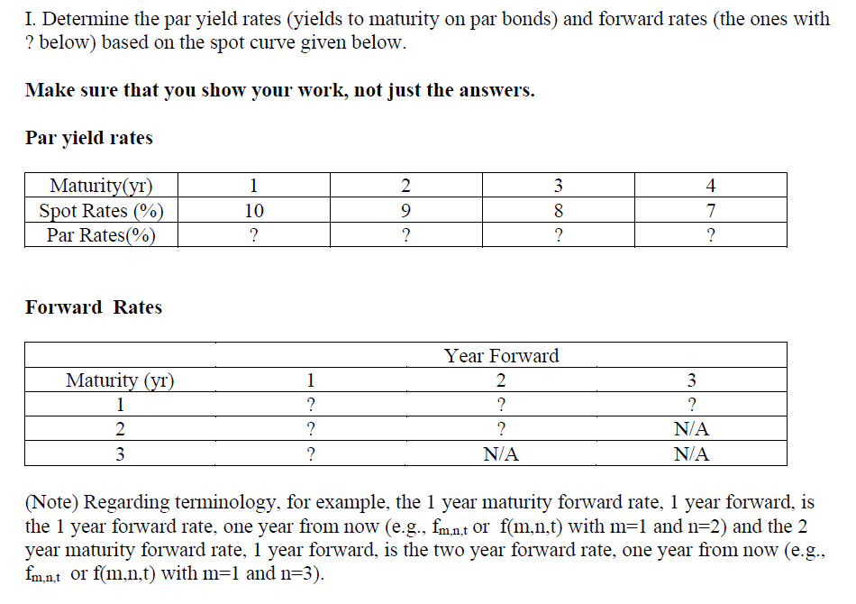 Solved I. Determine the par yield rates (yields to maturity | Chegg.com