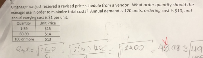 Solved A manager has just received a revised price schedule | Chegg.com