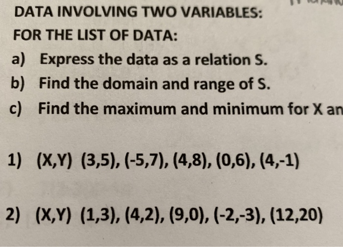 Solved DATA INVOLVING TWO VARIABLES: FOR THE LIST OF DATA: | Chegg.com
