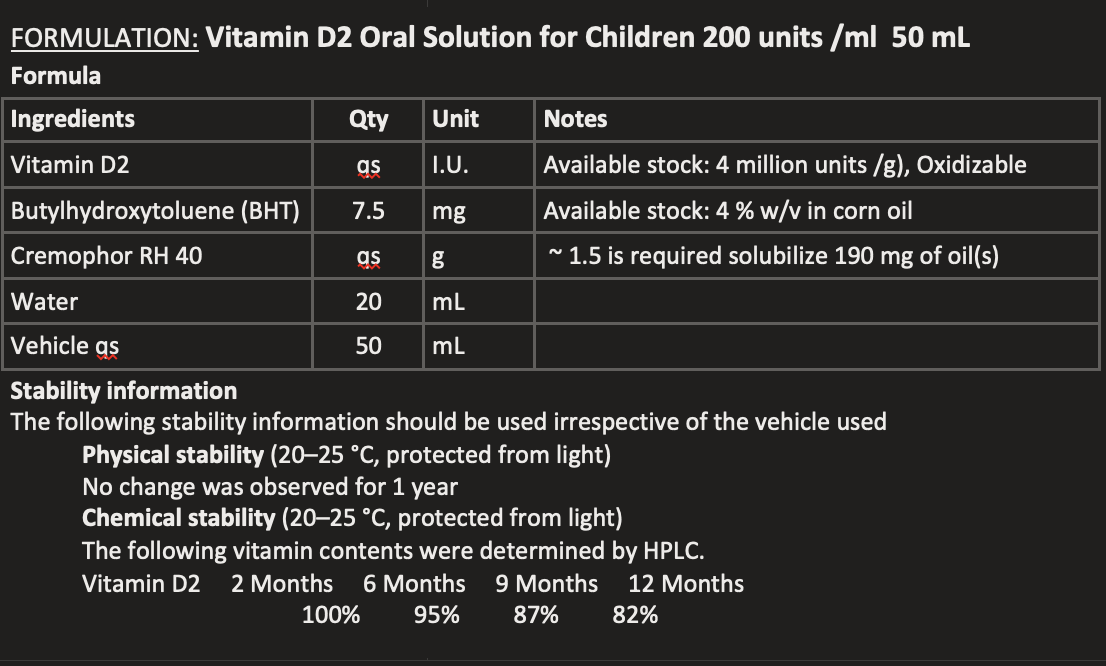 Solved FORMULATION: Vitamin D2 Oral Solution for Children | Chegg.com