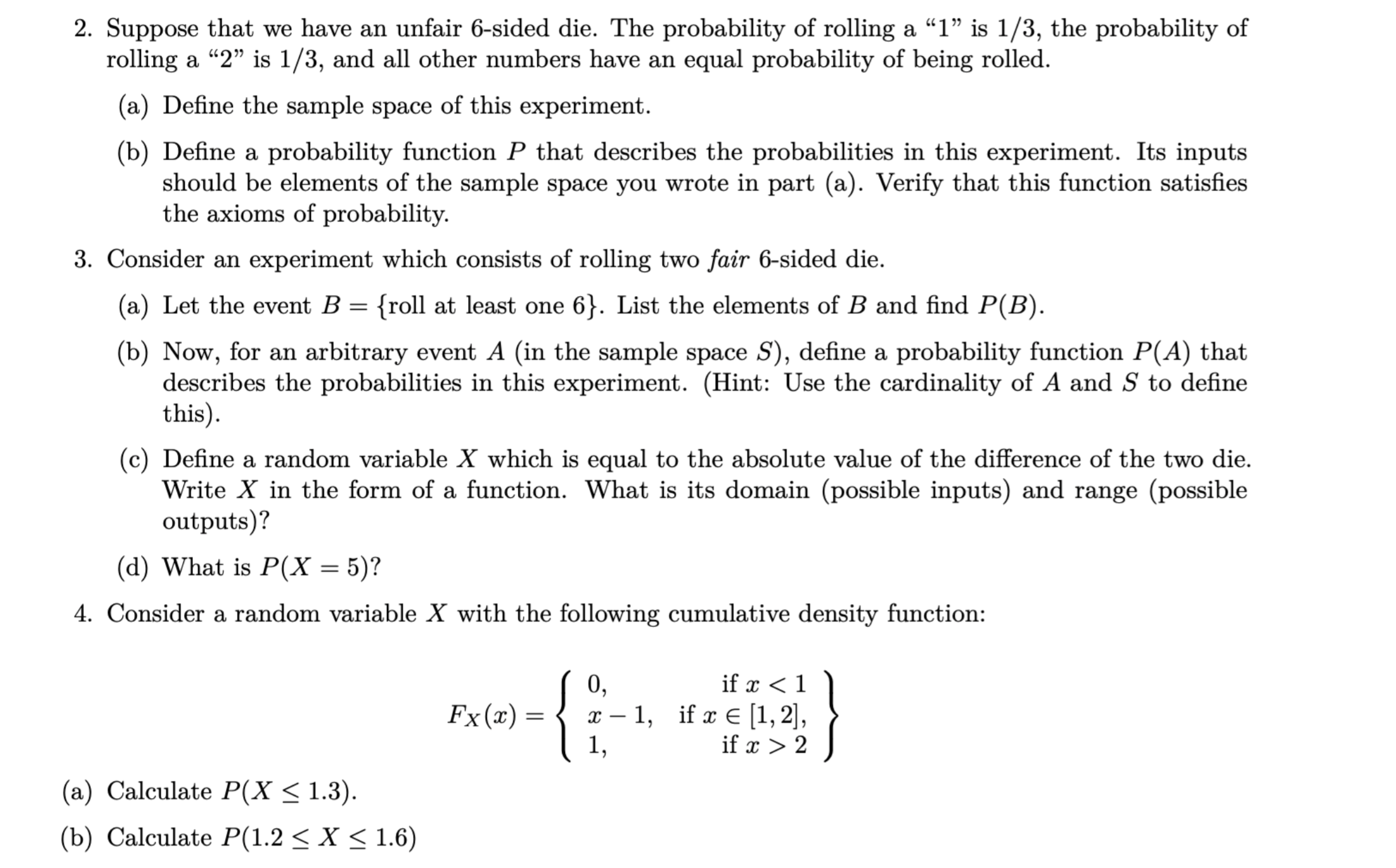 Solved 2. Suppose that we have an unfair 6 -sided die. The | Chegg.com
